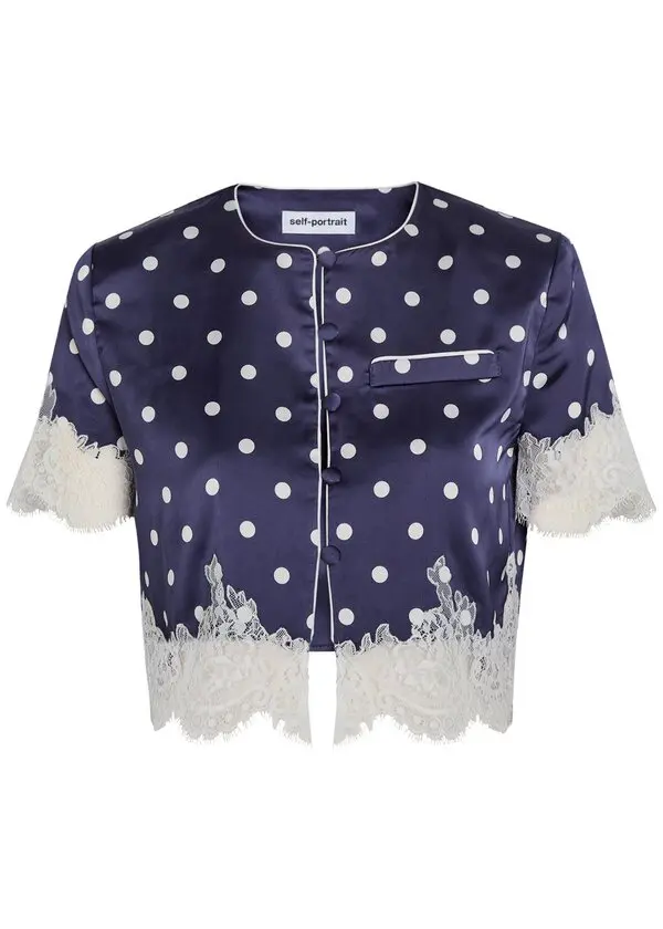 SELF-PORTRAIT Polka Dot Lace-trim Satin Cropped Top - Navy
