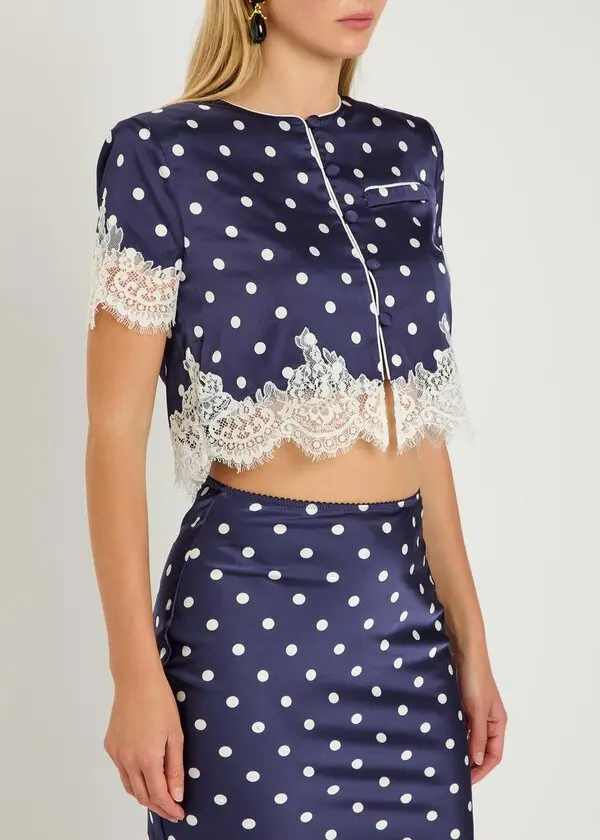 SELF-PORTRAIT Polka Dot Lace-trim Satin Cropped Top - Navy