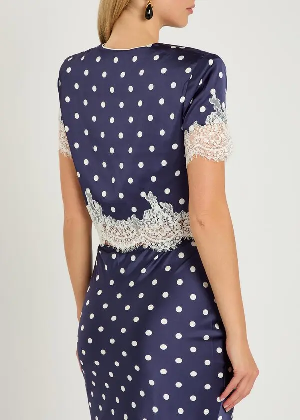 SELF-PORTRAIT Polka Dot Lace-trim Satin Cropped Top - Navy