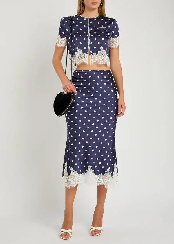 SELF-PORTRAIT Polka Dot Lace-trim Satin Cropped Top - Navy