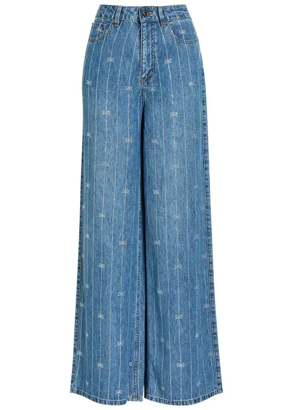 SELF-PORTRAIT Crystal Embellished Wide-leg Jeans