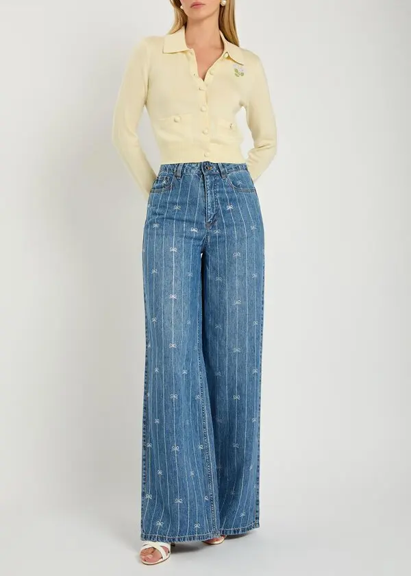 SELF-PORTRAIT Crystal Embellished Wide-leg Jeans