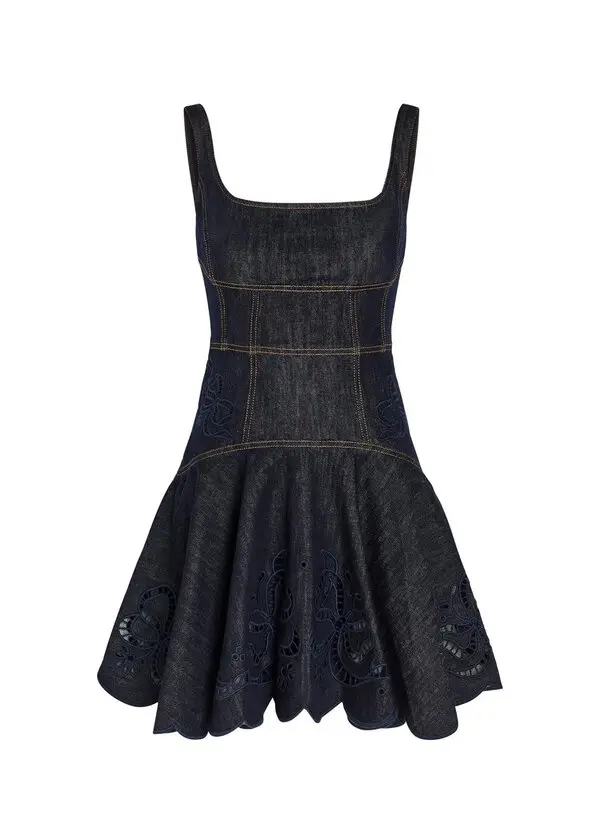 SELF-PORTRAIT Panelled Embroidered Denim Mini Dress - Blue