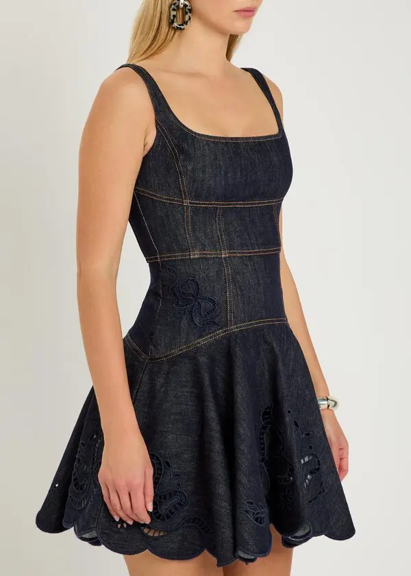 SELF-PORTRAIT Panelled Embroidered Denim Mini Dress - Blue