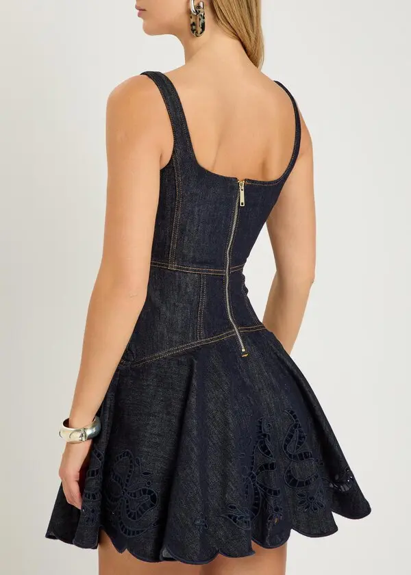 SELF-PORTRAIT Panelled Embroidered Denim Mini Dress - Blue