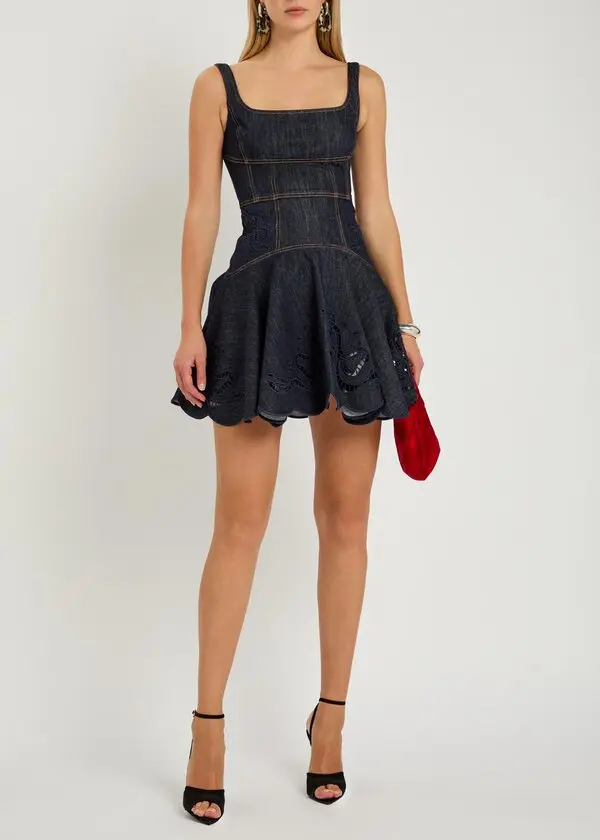 SELF-PORTRAIT Panelled Embroidered Denim Mini Dress - Blue