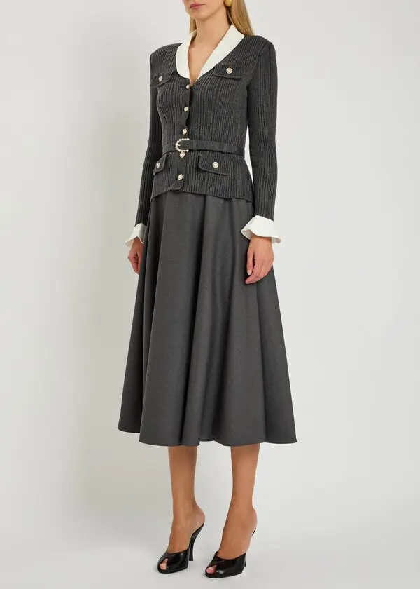 SELF-PORTRAIT Layered Knit And Twill Midi Dress
