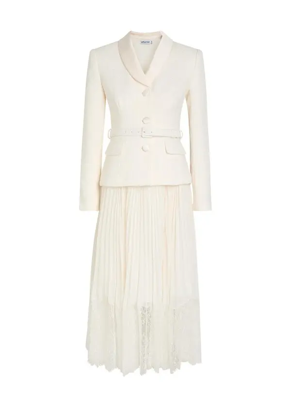 SELF-PORTRAIT Belted Bouclé And Chiffon Midi Dress