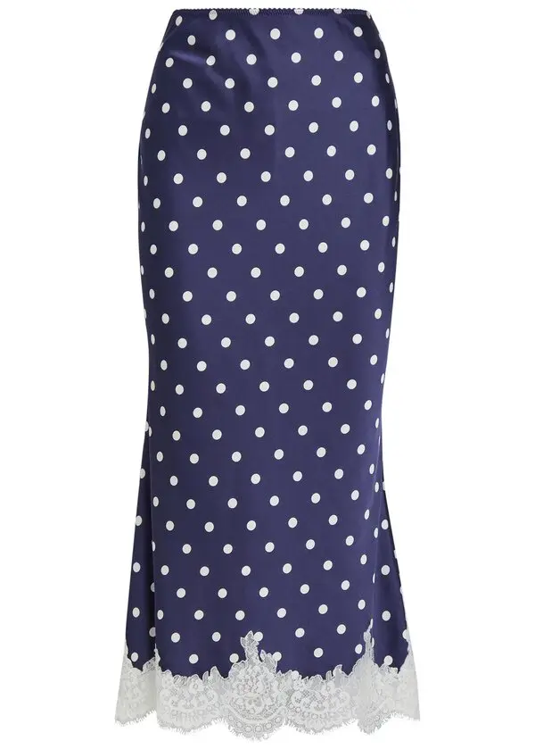 SELF-PORTRAIT Polka Dot Lace-trim Satin Midi Skirt - Navy