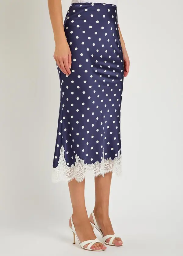 SELF-PORTRAIT Polka Dot Lace-trim Satin Midi Skirt - Navy