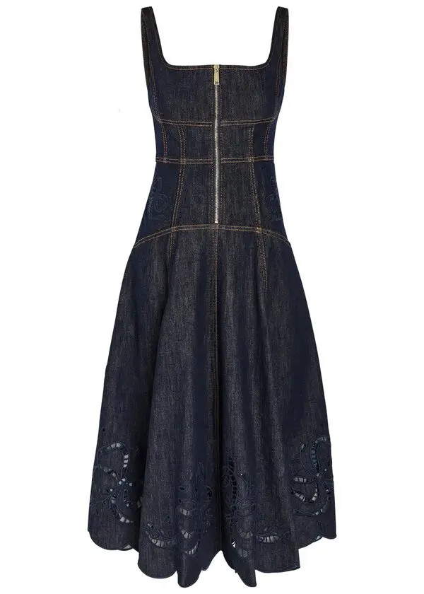 SELF-PORTRAIT Panelled Embroidered Denim Midi Dress