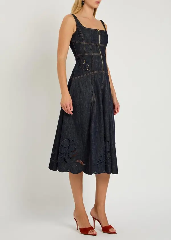SELF-PORTRAIT Panelled Embroidered Denim Midi Dress