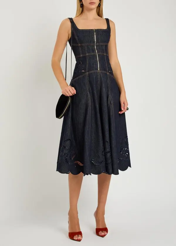 SELF-PORTRAIT Panelled Embroidered Denim Midi Dress