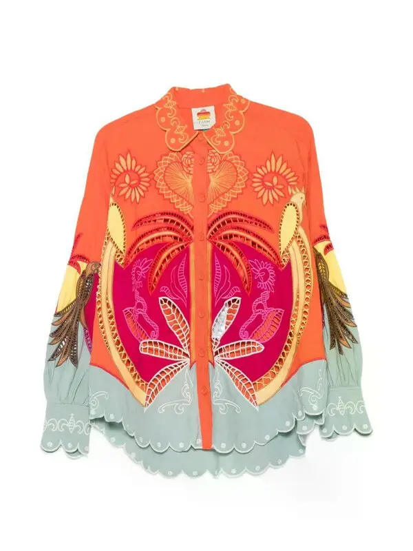Farm Rio Embroidered Scalloped-edge Shirt - Orange