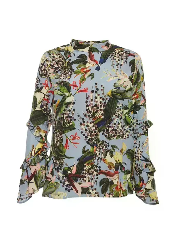 Sandro Louella Floral-print Top With Ruffle-trim Sleeves - Blue