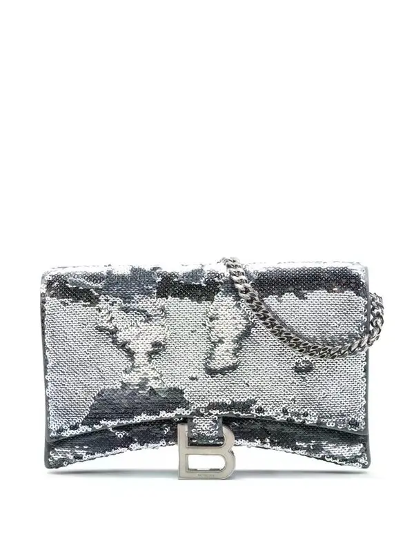 Balenciaga Nappa Sequin Hourglass Wallet On Chain Crossbody Bag - Silver