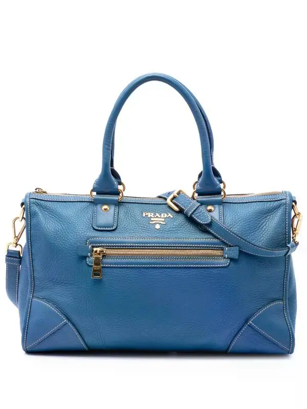 Prada Vitello Daino Zip Top Satchel - Blue