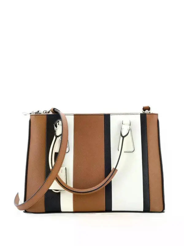 Prada Double Zip Lux Striped Saffiano Leather Small Tote Bag - Black