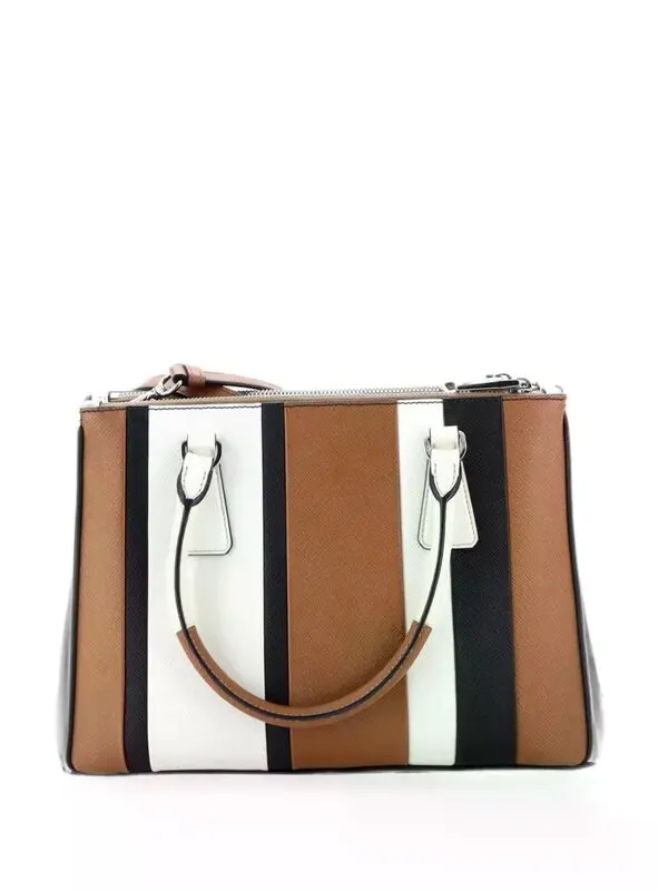 Prada Double Zip Lux Striped Saffiano Leather Small Tote Bag