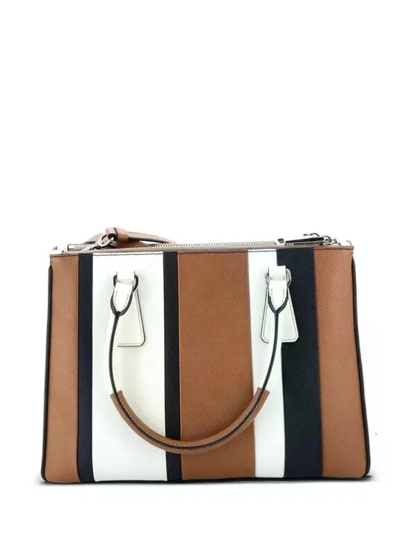 Prada Double Zip Lux Striped Saffiano Leather Small Tote Bag - Black