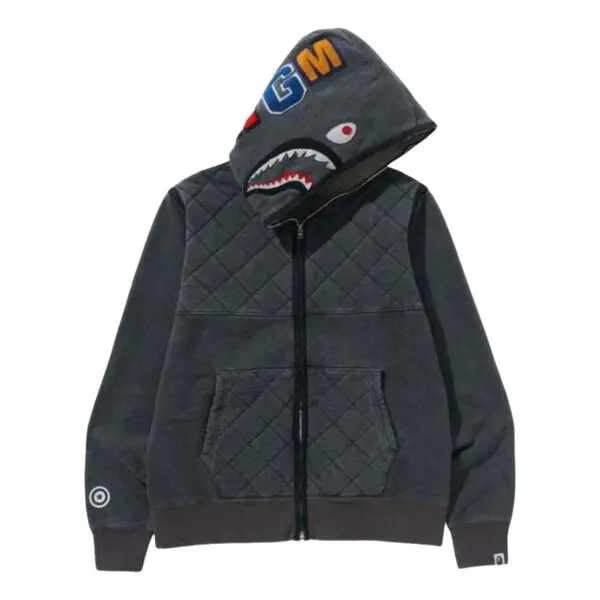 A BATHING APE Military Shark Quilted Full Zip Hoodie - Black