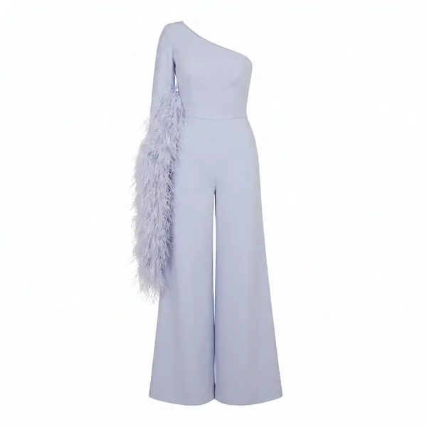 NOMI FAME Asymmetrical Feather-trimmed One-shoulder Jumpsuit - Blue