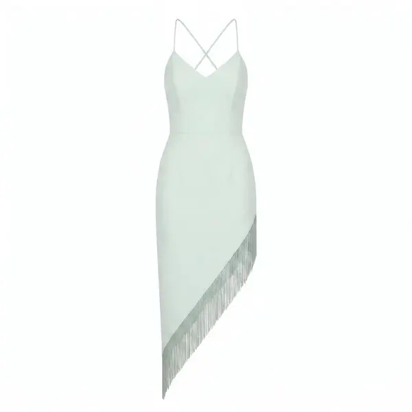 NOMI FAME Ondine Soft Mint Dress With Asymmetric Skirt And Beaded Fringes - Green