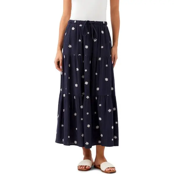Karen Kane Embroidered Tiered Cotton Midi Skirt - Navy