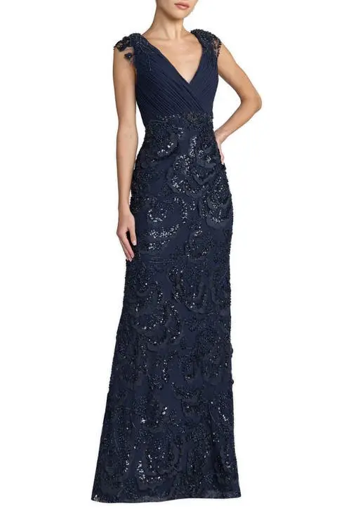 Mac Duggal Petite Floral Beaded Chiffon V-neck Evening Gown - Midnight