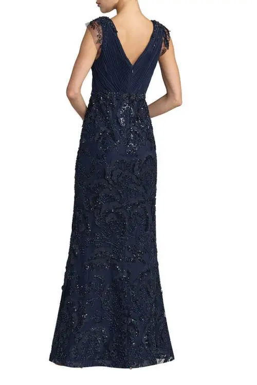 Mac Duggal Petite Floral Beaded Chiffon V-neck Evening Gown - Midnight