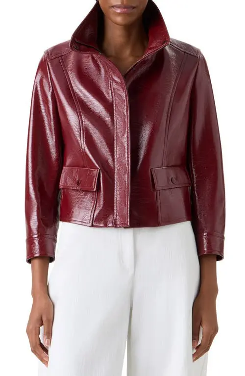 Akris Shiny Crinkle Faux Leather Stand Collar Jacket - Pomegranate