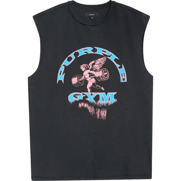 PURPLE BRAND Textured Sleeveless Cotton Graphic T-shirt - Black