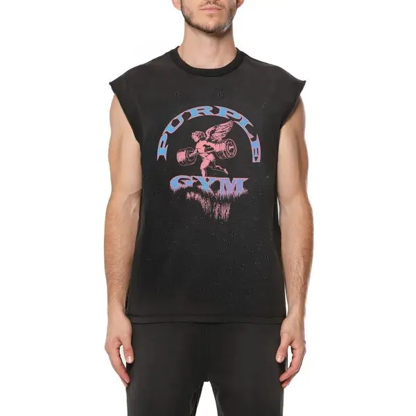 PURPLE BRAND Textured Sleeveless Cotton Graphic T-shirt - Black