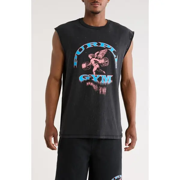 PURPLE BRAND Textured Sleeveless Cotton Graphic T-shirt - Black