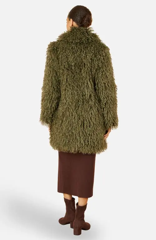 YUMI Luxe Long Hair Faux Fur Overcoat - Green