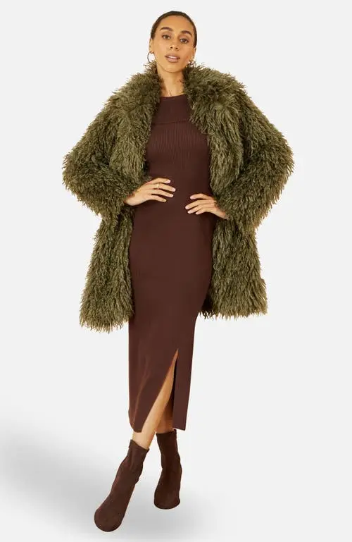 YUMI Luxe Long Hair Faux Fur Overcoat - Green