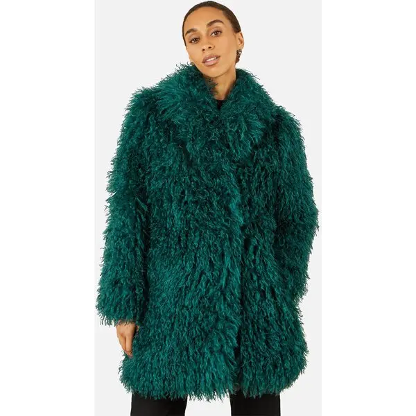 YUMI Luxe Long Hair Faux Fur Overcoat - Teal