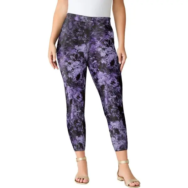 Roaman's Essential Stretch Capri Legging - Black Violet Texture