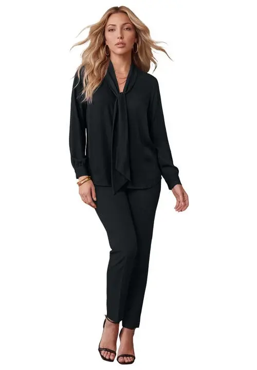 Roaman's Long Sleeve Bow Blouse - Black