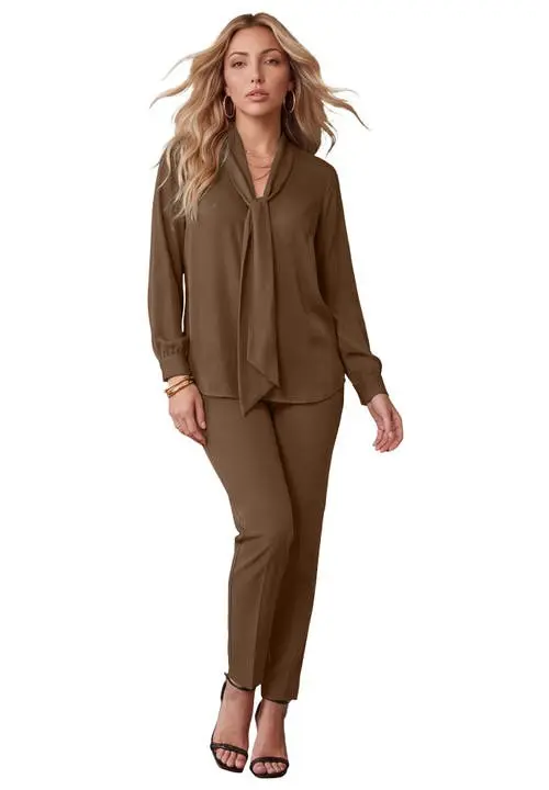 Roaman's Long Sleeve Bow Blouse - Chocolate