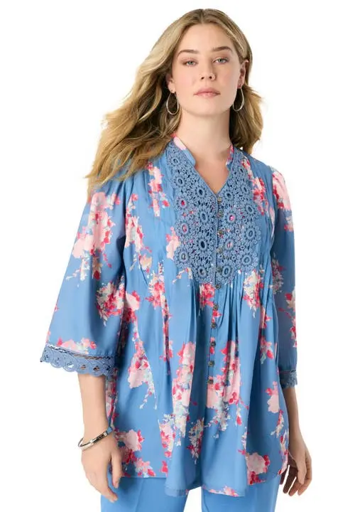 Roaman's Juliet Lace Trim Button-down Shirt - Blue