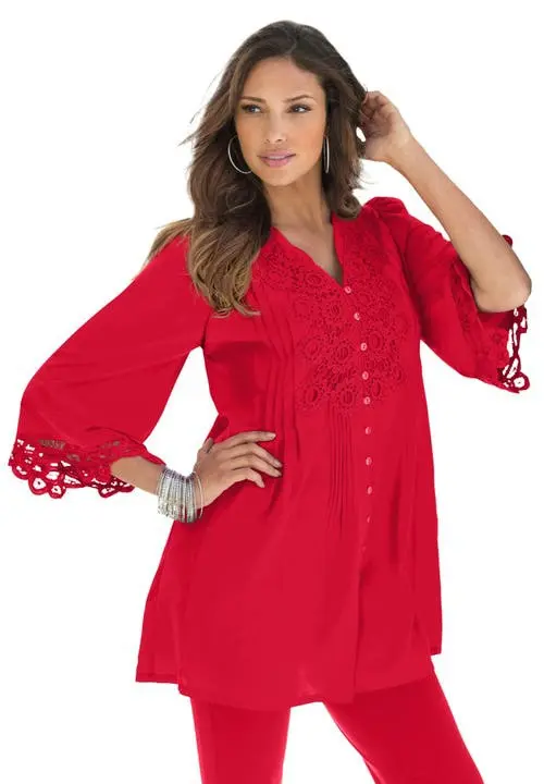 ROAMAN'S Juliet Lace Trim Button-down Shirt - Vivid Red
