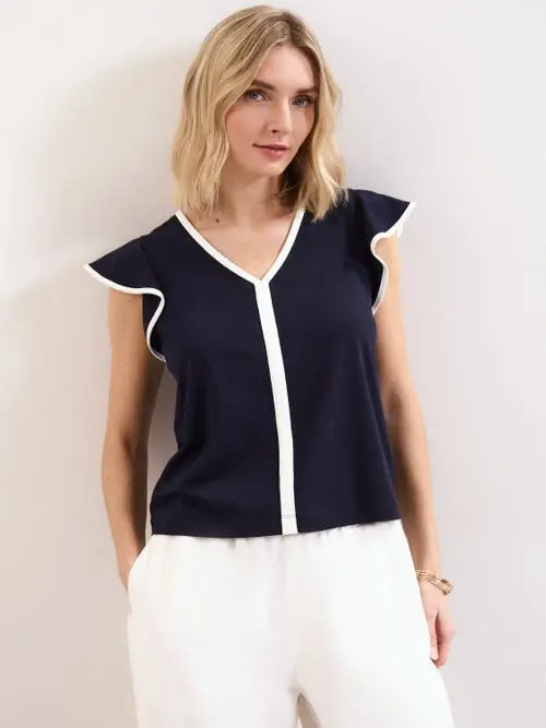 PHASE EIGHT Fleur Ruffle Sleeve V-neck Top - Navy