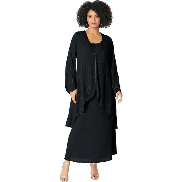 ROAMAN'S Long Sleeve Beaded Georgette Gown Set With Detachable Jacket - Black