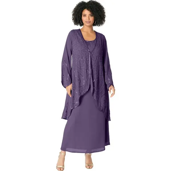 ROAMAN'S Long Sleeve Beaded Georgette Gown Set With Detachable Jacket - Purple Grape
