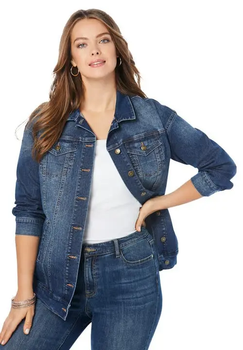 Roaman's Boyfriend Stretch Denim Jacket - Medium Wash