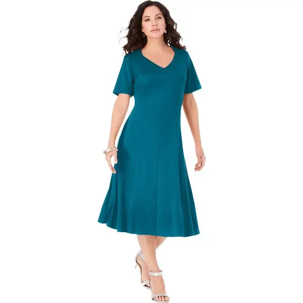 ROAMAN'S Ponte Fit & Flare Dress With Faux Shrug - Deep Teal
