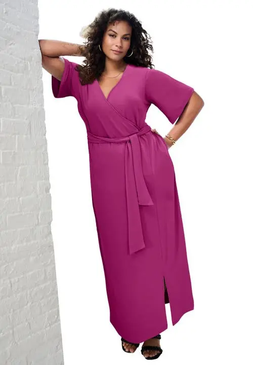 ROAMAN'S Flutter Sleeve Wrap Maxi Dress - Raspberry