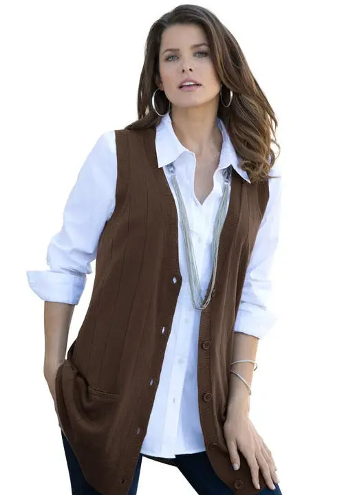 ROAMAN'S Drop Needle Vest Lightweight Sweater Knit - Chocolate