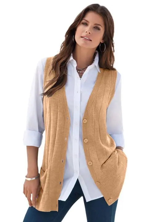 ROAMAN'S Drop Needle Vest Lightweight Sweater Knit - Soft Camel